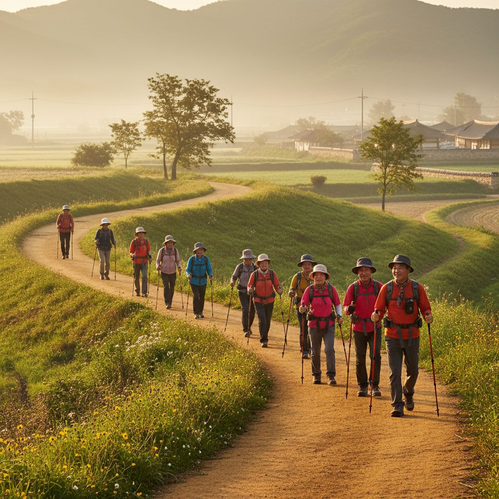 A peaceful and heartwarming scene of elderly Korean people trekking ...